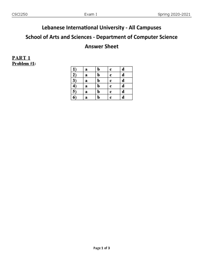 CSCI250 Exam I Answer Sheet 2021 | PDF | Teaching Methods & Materials ...