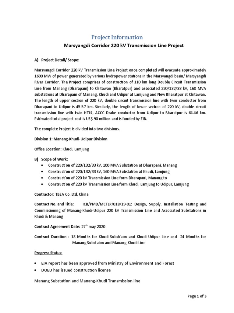 Project Information: Marsyangdi Corridor 220 KV Transmission Line ...