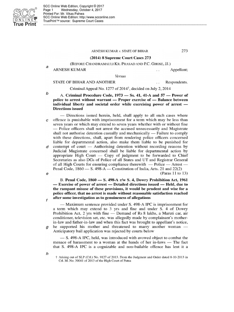 Arnesh Kumar vs. State of Bihar | PDF | Common Law | Law