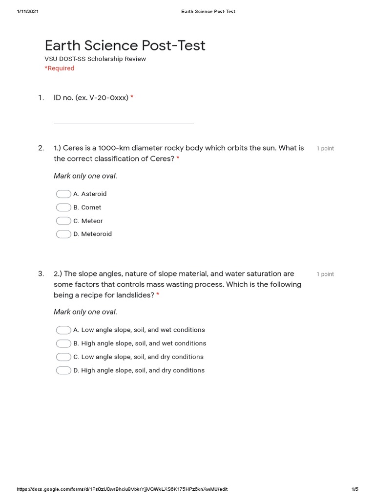 Earth Science Post-Test Questions | PDF | Meteoroid | Earth