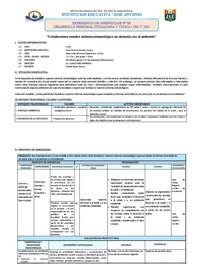 Experiencia de Aprendizaje VI DPCC 1 y 2 | PDF | Evaluación | Aprendizaje