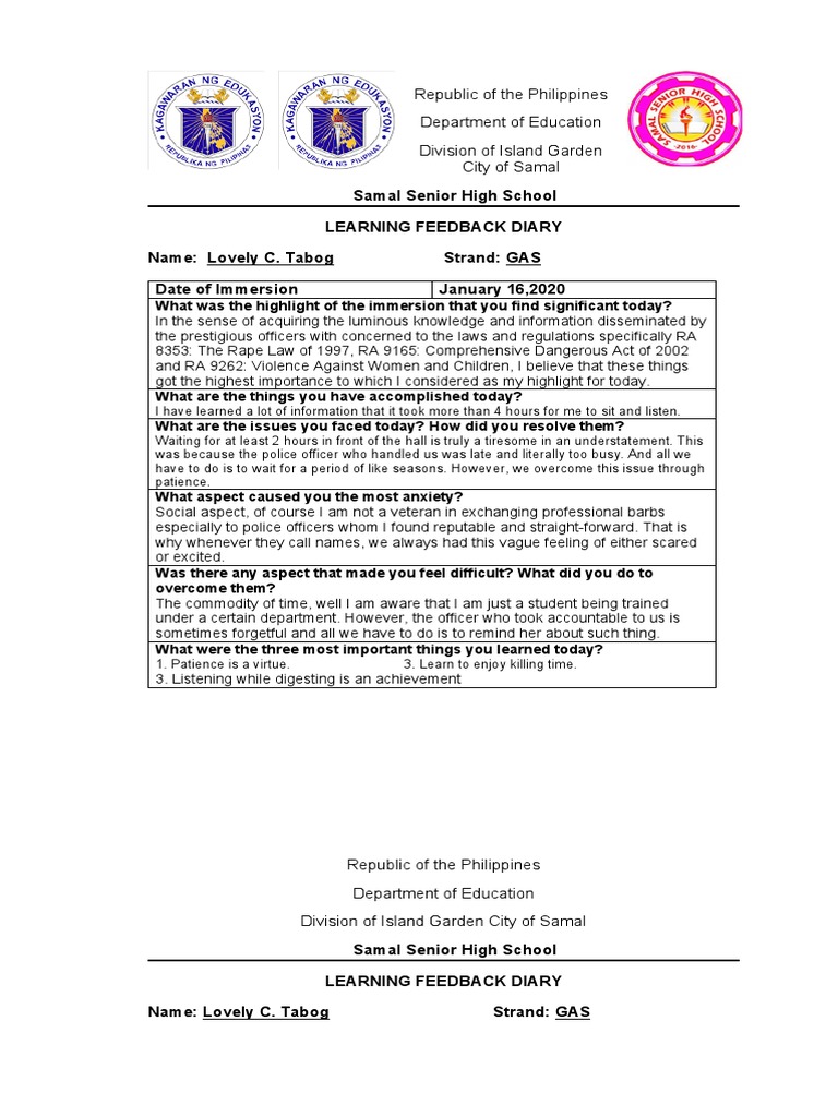 Learning Feedback Diary Name: Lovely C. Tabog Strand: GAS Date of Immersion January 16,2020 | PDF