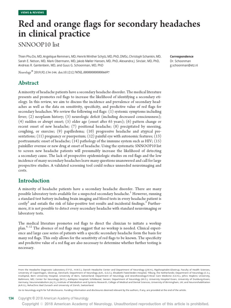 Red and Orange Flags For Secondary Headache (SNOOP 10) | PDF | Headache ...