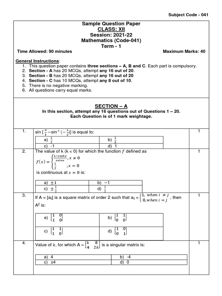 Sample Question Paper Class: Xii Session: 2021-22 Mathematics (Code-041) Term - 1 | PDF | Linear ...