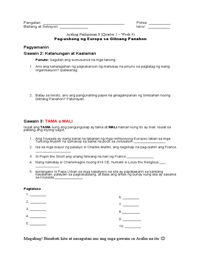 Answer Sheets in AP 8 Quarter 2 Week 4 | PDF