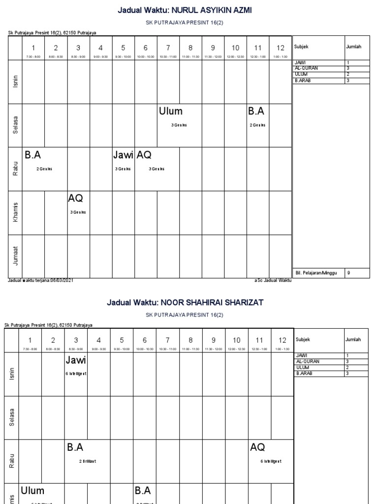 Jadual Jawi SK Putrajaya 2021 | PDF