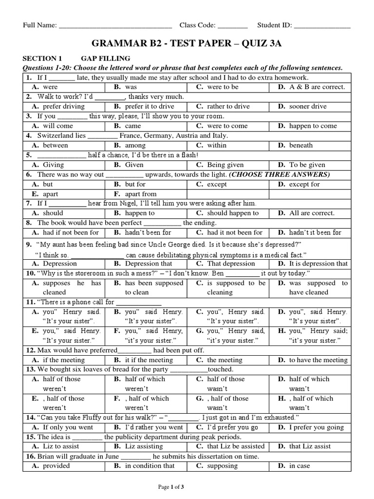 Grammar B2 - Test Paper - Quiz 3A | PDF | Cognition