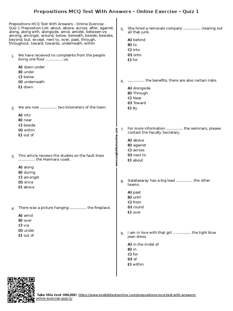 556 Prepositions MCQ Test With Answers Online Exercise Quiz 1 | PDF ...