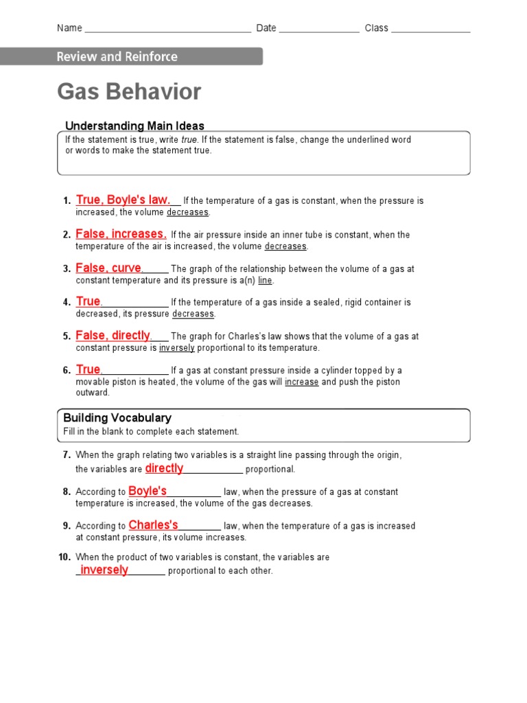 2.3 Gas Behavior Worksheet | PDF
