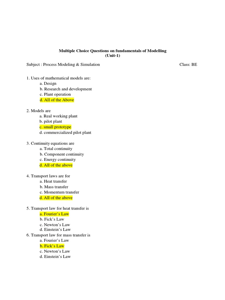 Multiple Choice Questions On Fundamentals of Modelling (Unit-1 ...