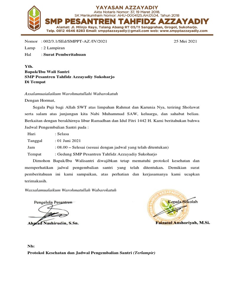 Surat Pemberitahuan Kedatangan Santri | PDF