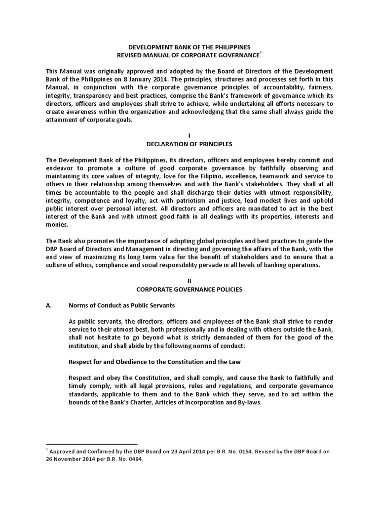 Revised DBP Manual of Corporate Governance | Download Free PDF ...