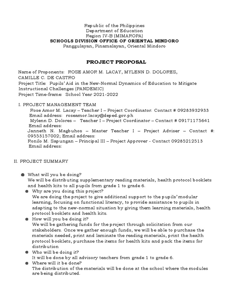 Project Proposal: Schools Division Office of Oriental Mindoro | PDF ...