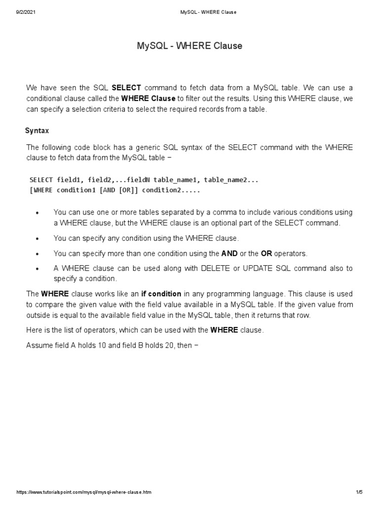 MySQL - WHERE Clause | PDF | Table (Database) | Computing