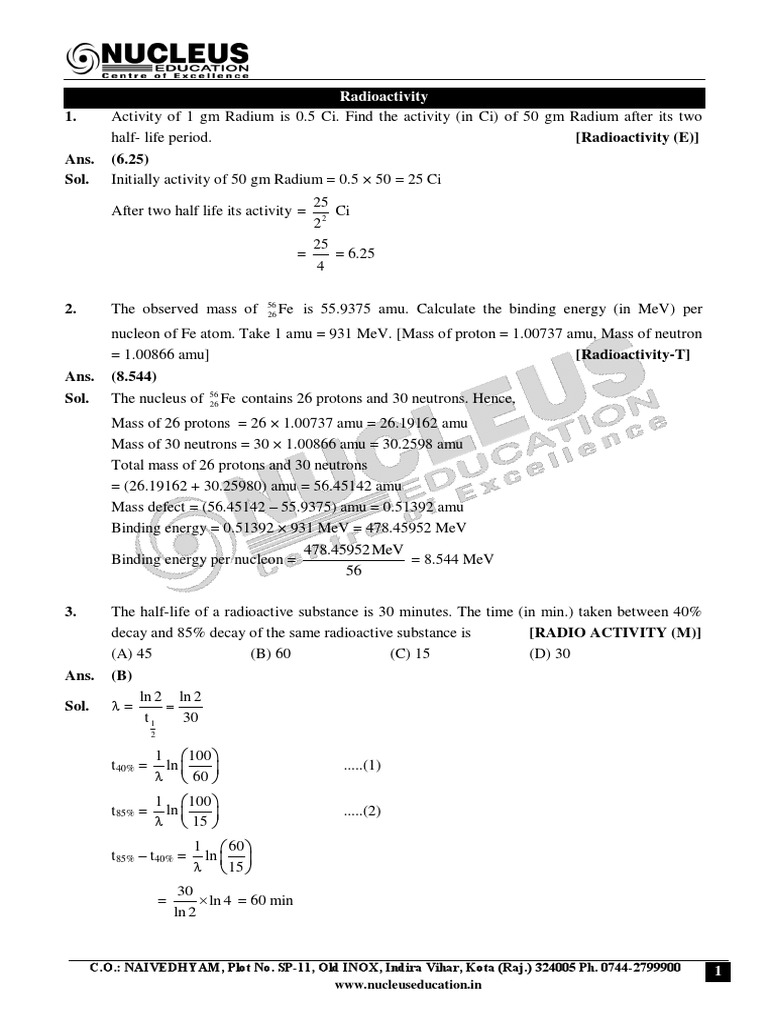 Radioactivity Problems and Solutions | PDF | Radioactive Decay | Neutron