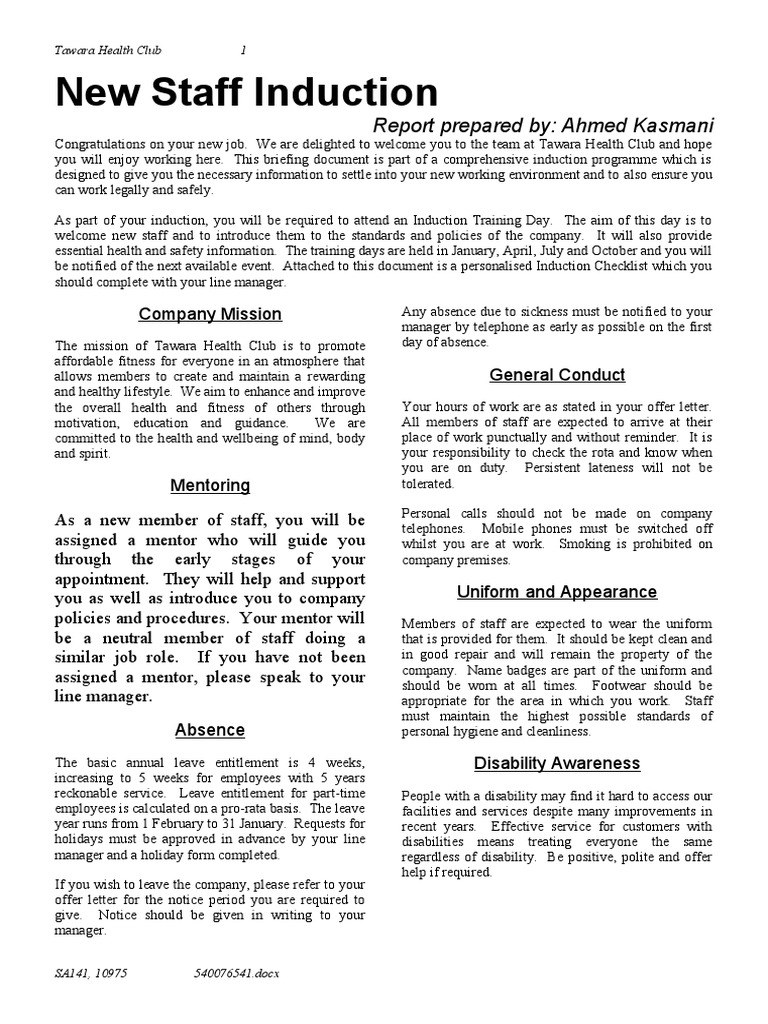 New Staff Induction: Report Prepared By: Ahmed Kasmani | Download Free ...