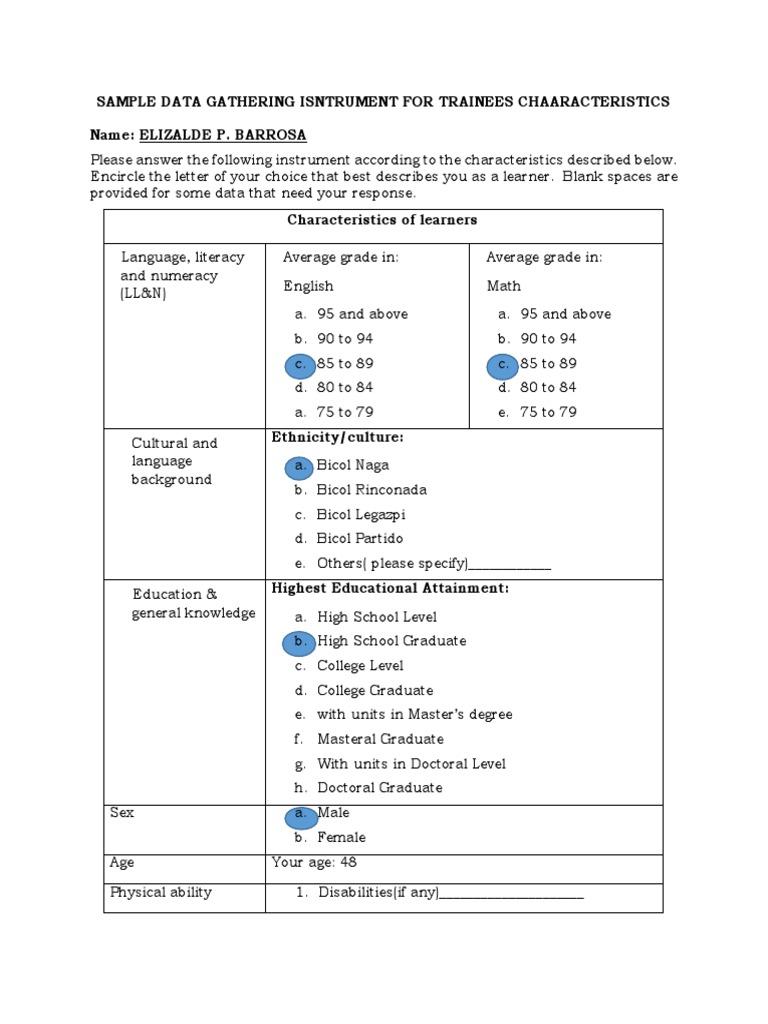 Sample Data Gathering Isntrument For Trainees Characteristics | PDF ...