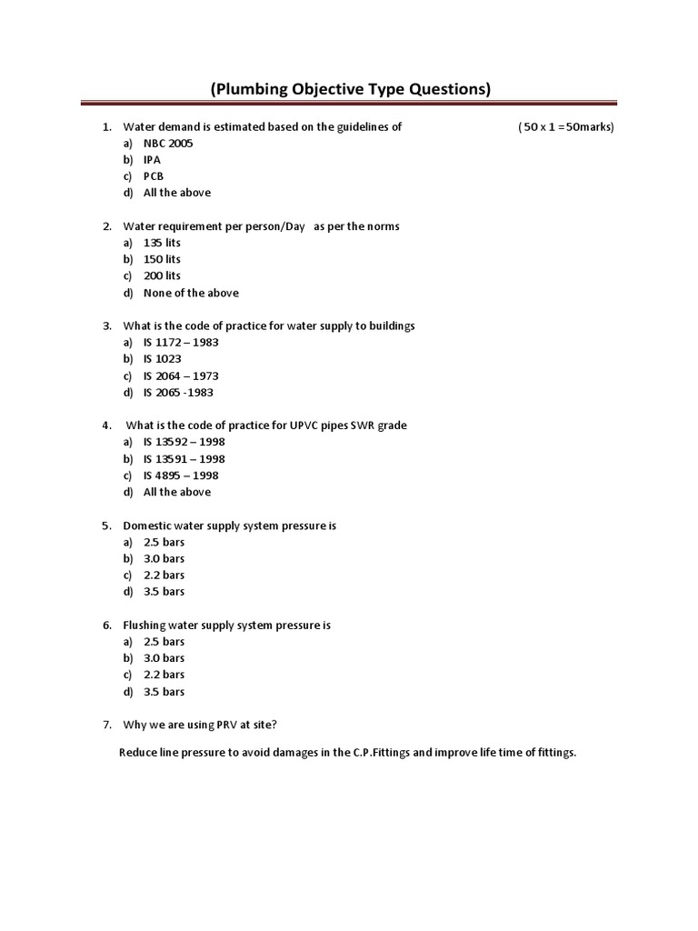 Plumbing Objective Type Questions | PDF | Plumbing | Pipe (Fluid ...