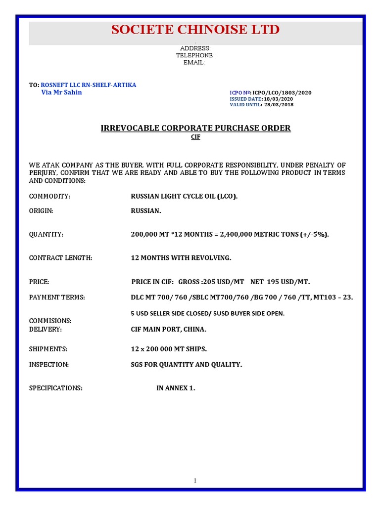 Societe Chinoise LTD: Irrevocable Corporate Purchase Order | PDF ...