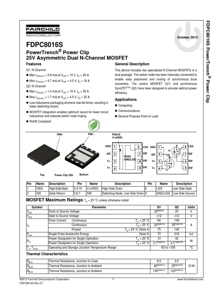 Fdpc8016S: Powertrench Power Clip 25V Asymmetric Dual N-Channel Mosfet ...