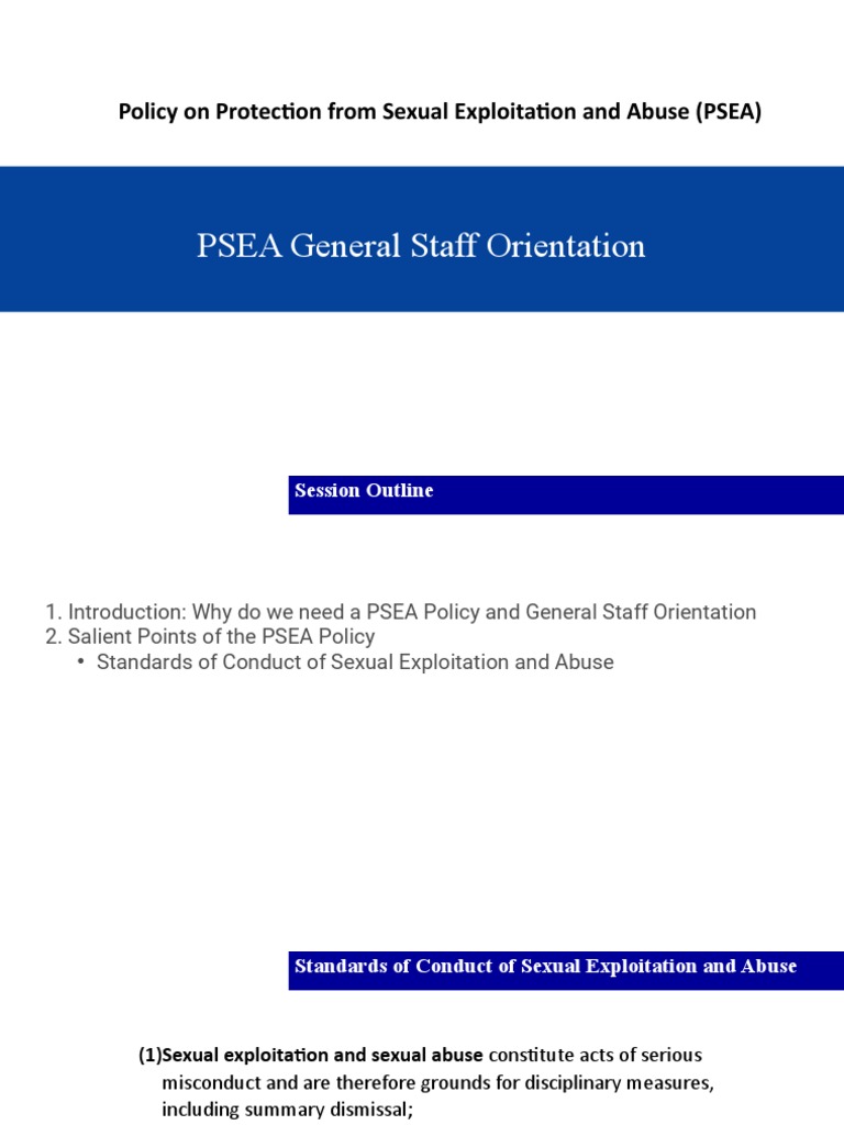PSEA General Staff Orientation: Policy On Protection From Sexual Exploitation and Abuse (PSEA ...