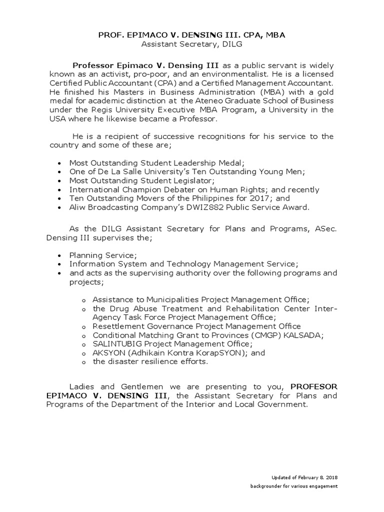 Prof. Epimaco V. Densing III Profile | PDF | Career & Growth | Business