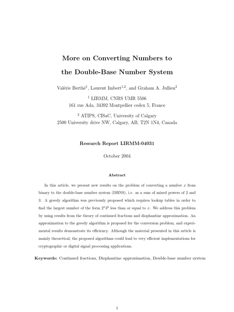 More On Converting Numbers To The Double-Base Number System: Research Report LIRMM-04031 | PDF ...