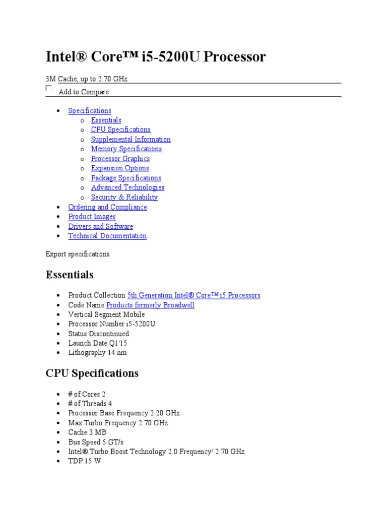 Intel® Core™ I5-5200u Processor: Essentials | PDF | Central Processing ...
