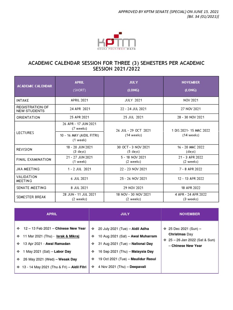 KPTM Academic Calendar 2021/2022 | PDF | Academic Term | Schools