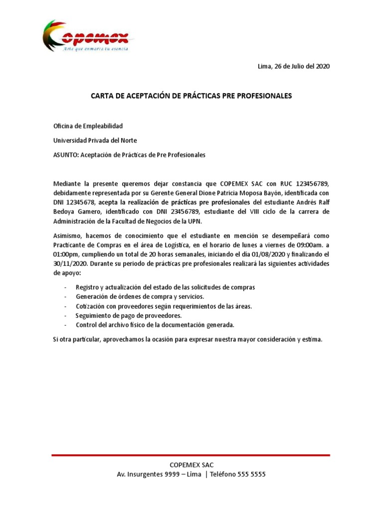 Carta De Aceptación De Prácticas Profesionales Pdf Negocios