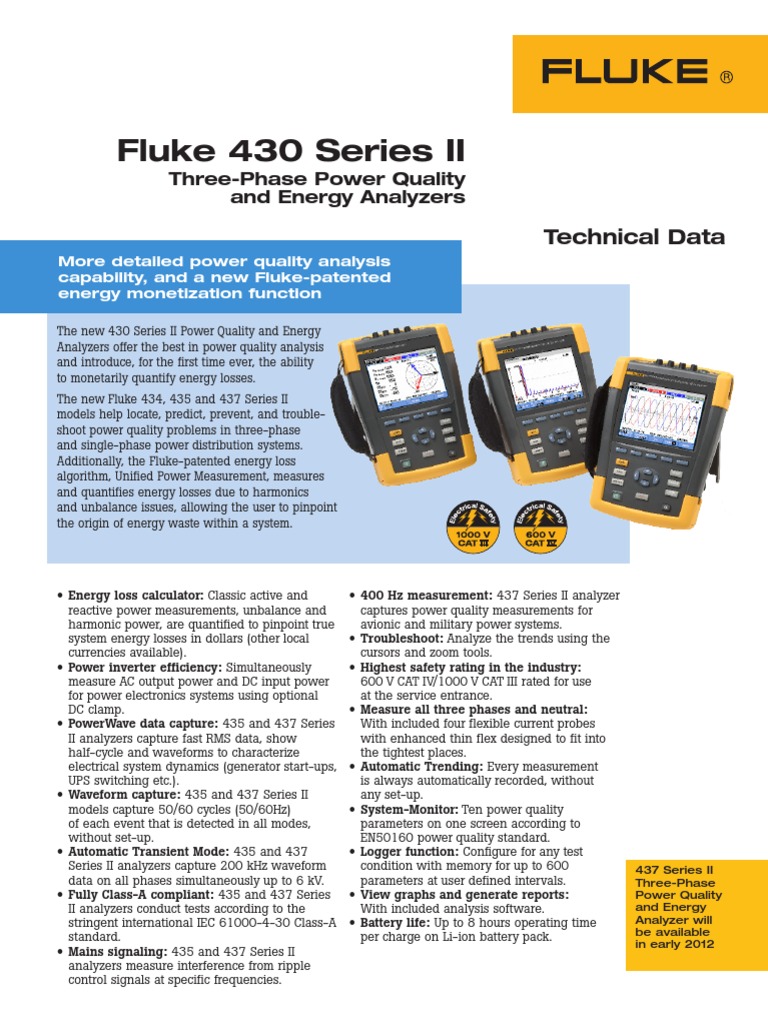 Fluke 430 II PQ Analysers Data Sheet | PDF | Ac Power | Force