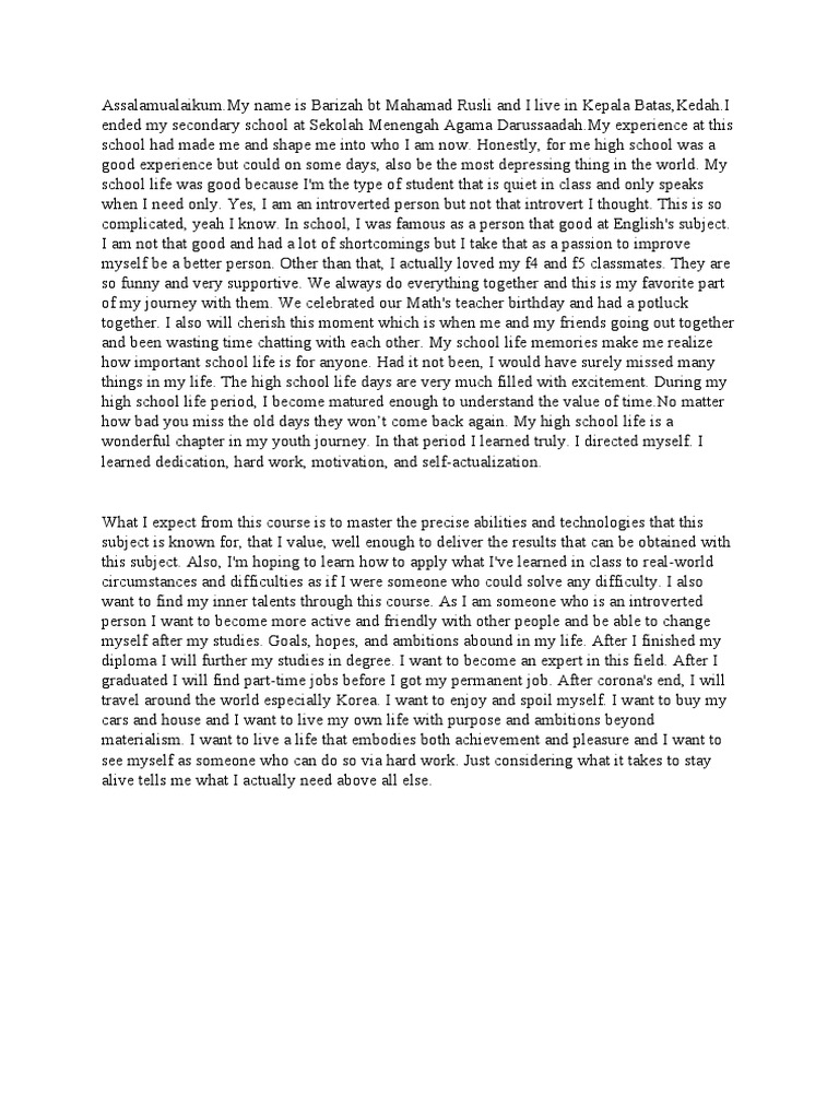Reflections on High School Life and Aspirations | PDF | Cognition ...