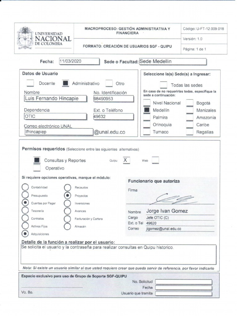 Formato de Creación Usuarios Quipu | PDF