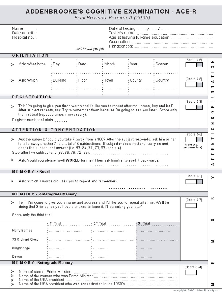 ACE-R Cognitive Assessment | PDF | Sensitivity And Specificity | Recall ...