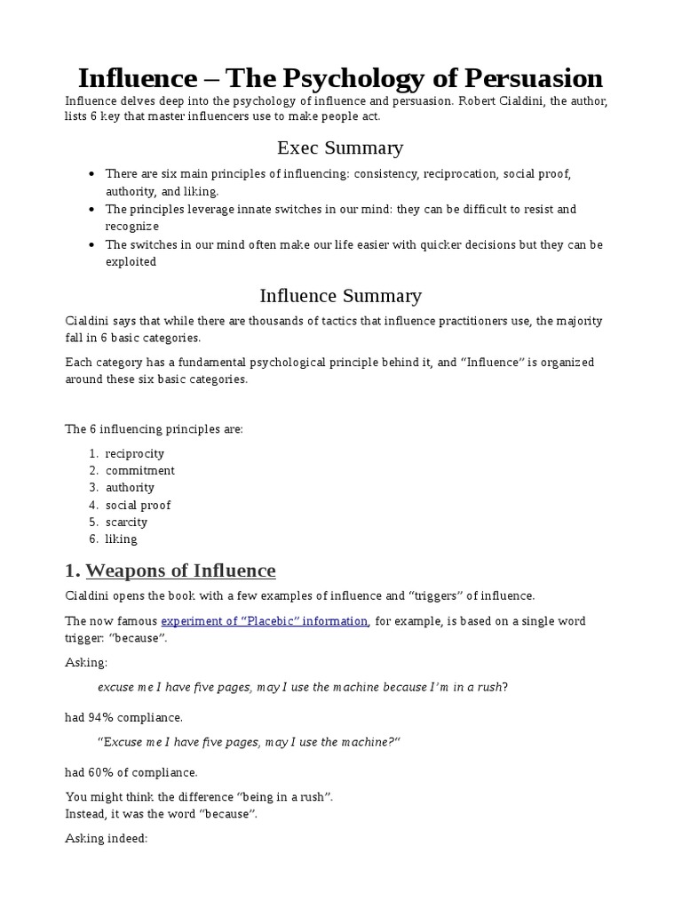 Influence - The Psychology of Persuasion: Exec Summary | PDF ...