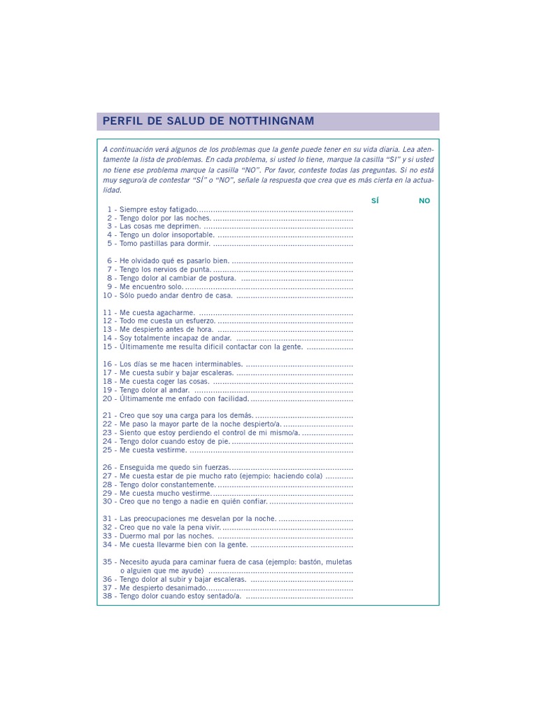 Perfil de Salud de Nottingham (NPH) (Form. Alt.) | PDF | Cuestionario ...