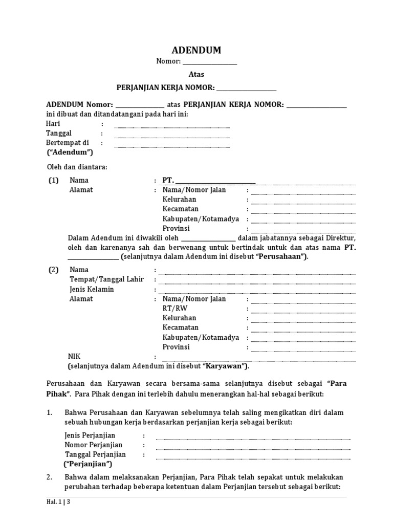 Draft Adendum Perjanjian Kerja (PKWT Dan PKWTT) | PDF