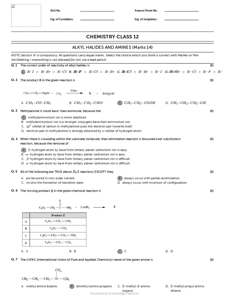 Alkyl Halides and Amines Mcqs Key | PDF | Amine | Chemical Reactions