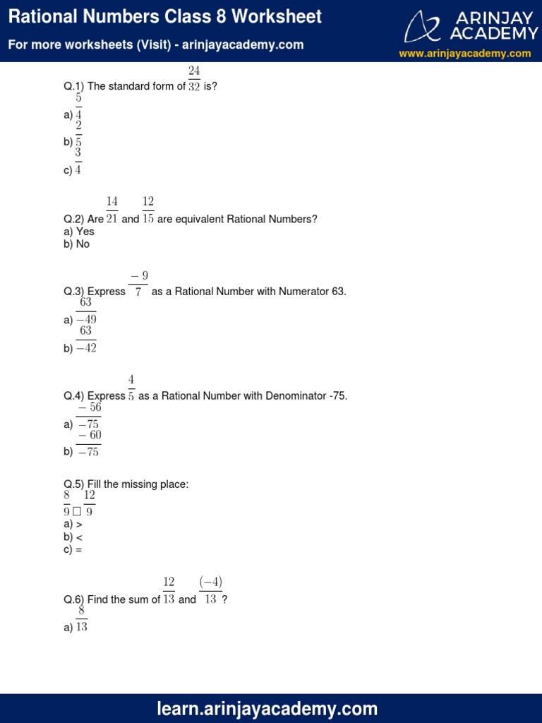 Class 8 Rational Numbers Worksheet | PDF | Rational Number | Elementary ...