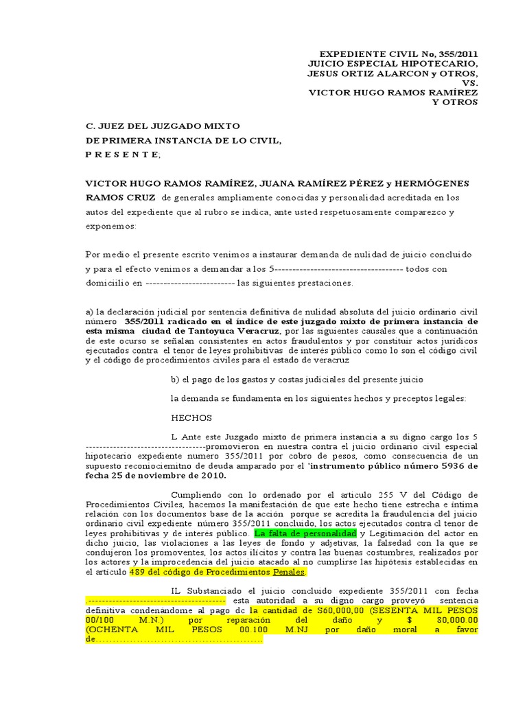Demanda De Nulidad De Juicio Concluido Por Fraudulento De Victor Hugo