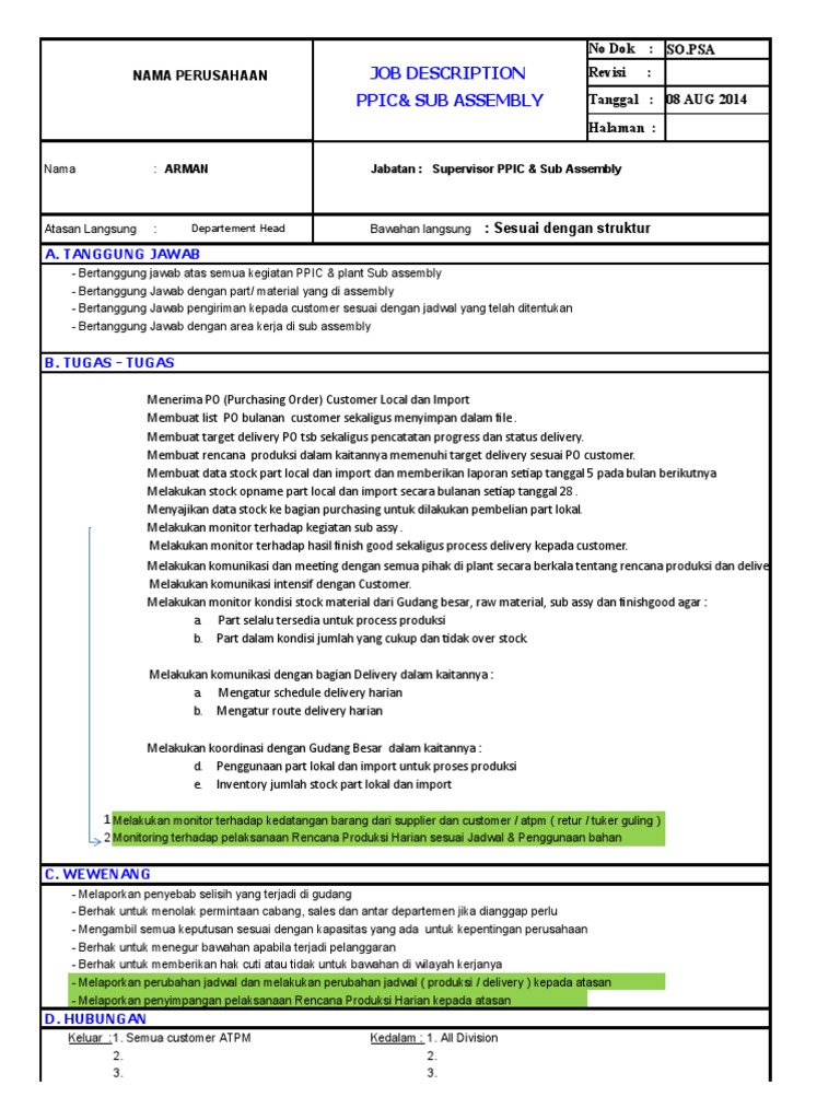 Jobdesc Supervisor PPIC (Production Planning Inventory Control) | PDF ...
