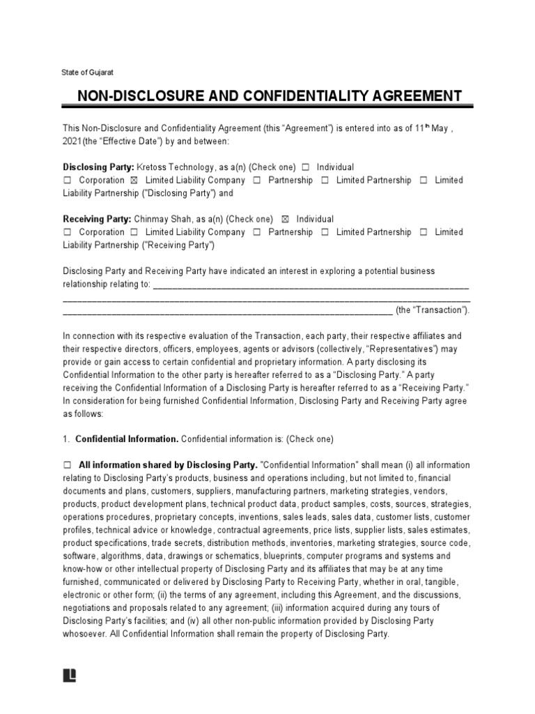 Non-Disclosure and Confidentiality Agreement: Disclosing Party: Kretoss ...