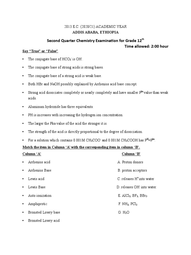 Chemistry G12 Test | PDF | Acid | Acid Dissociation Constant