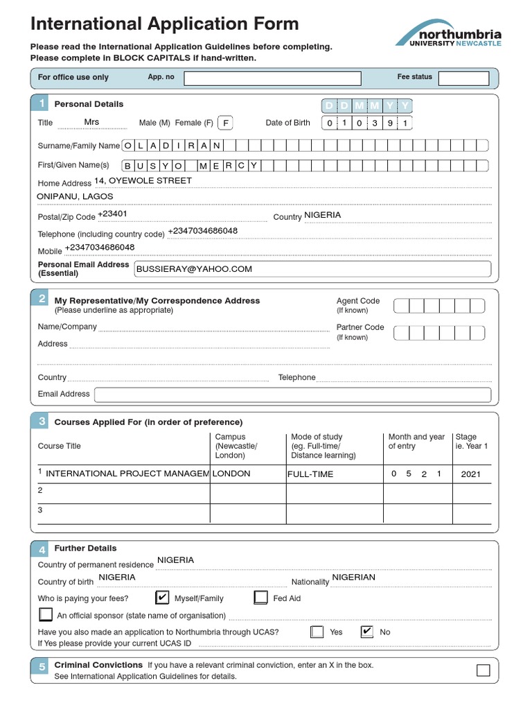 Northumbria University London Campus International Application Form | PDF | Travel Visa