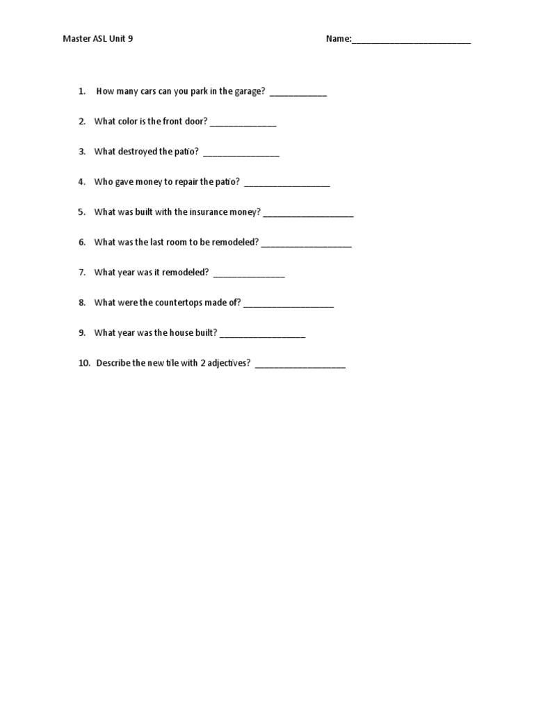 ASL Unit 9: Home Description Quiz | PDF