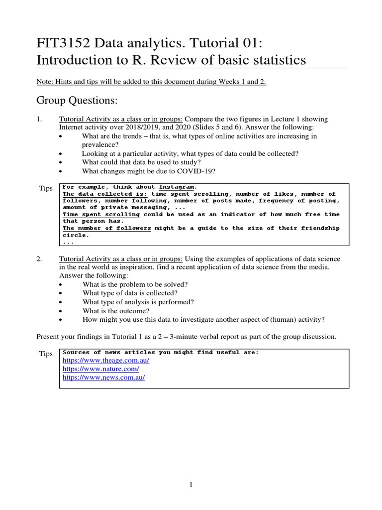 FIT3152 Data Analytics. Tutorial 01: Introduction To R. Review of Basic Statistics | PDF | P ...