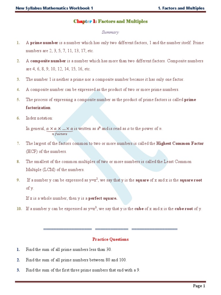 WB 1 CH 1 (Factors and Multiples) | PDF | Prime Number | Mathematical ...