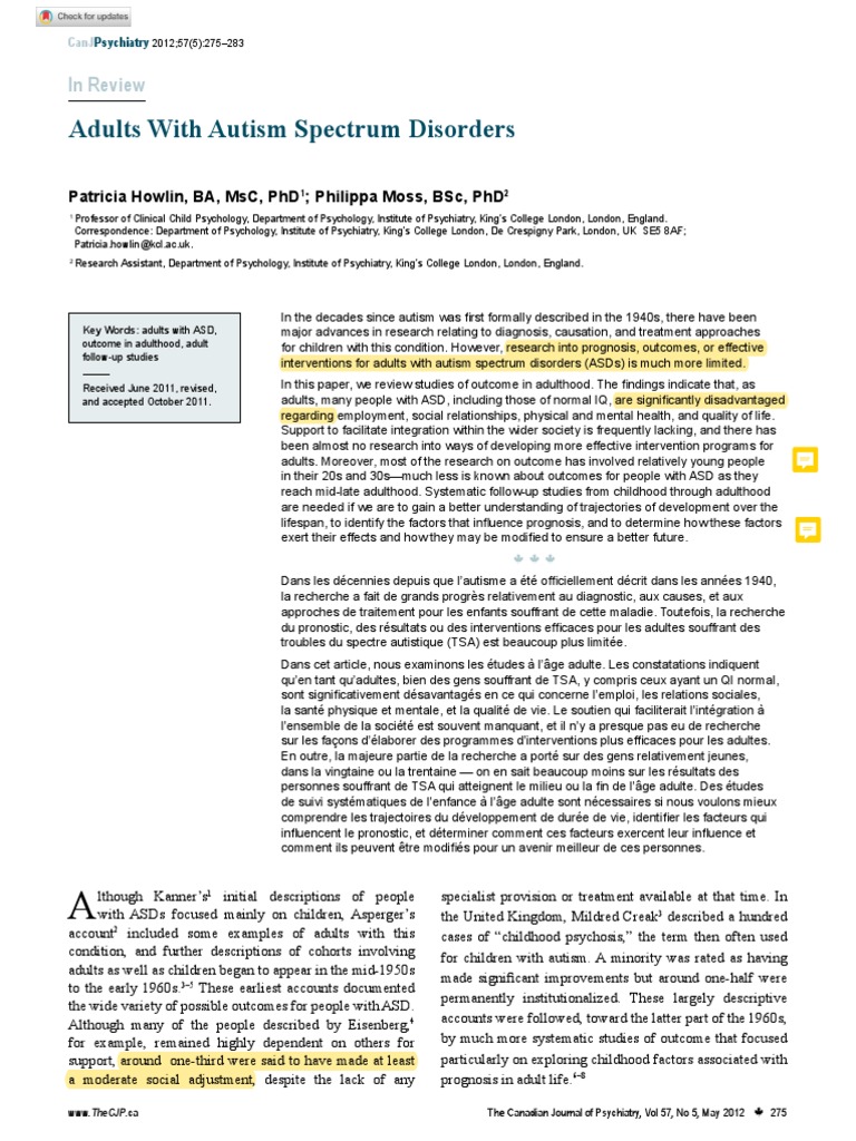 Outcomes for Adults with Autism Spectrum Disorders | PDF | Autism ...