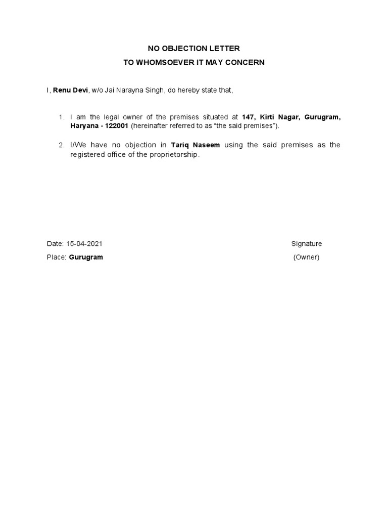 NOC Regd-Office Template | PDF