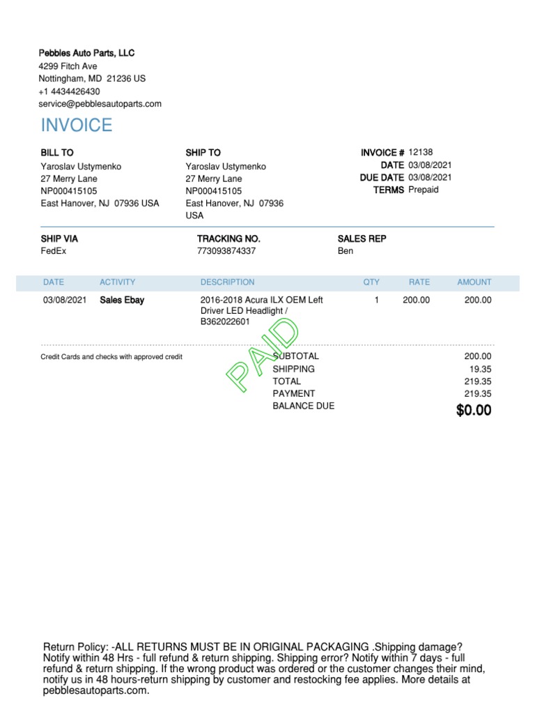 Invoice 12138 From Pebbles Auto Parts LLC | PDF